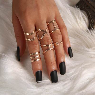 Gold Color Hollow Geometric Rings Set For Women Fashion Cros