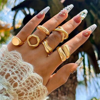 6Pcs/Se Exaggeraed Geomeric Curved Rings Vinage Punk Adjusab
