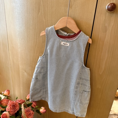 HHkids女童牛仔背带裙套装条纹打底背心韩系连衣裙两件套ATZ045