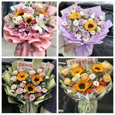 中高考向日葵玫瑰混搭花束送云南省保山市昌宁县腾冲市同城鲜花店