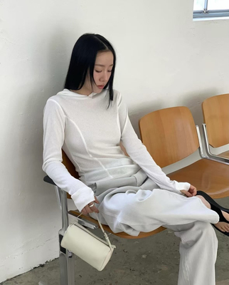 object 韩国东大门25ss连帽细螺纹长袖T恤打底女