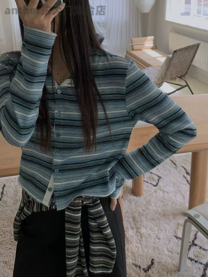 lofn韩国东大门2025秋季新款时尚百搭宽松休闲条纹长袖T恤开衫