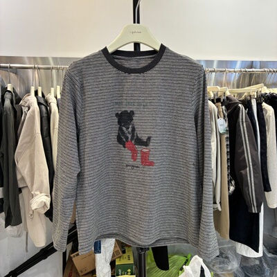 欧货2026秋新款时尚百搭圆领卡通条纹长袖T恤女宽松显瘦上衣65383