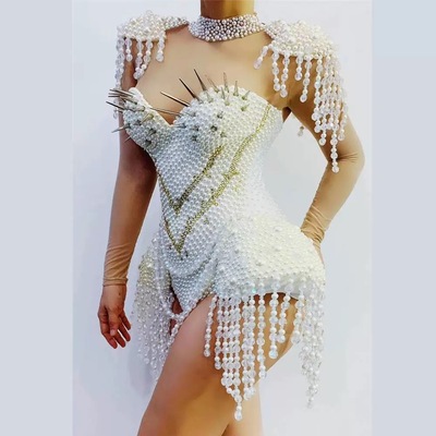 Designer Rivets Pearls Tassel Party Bodysuit Women White Sex