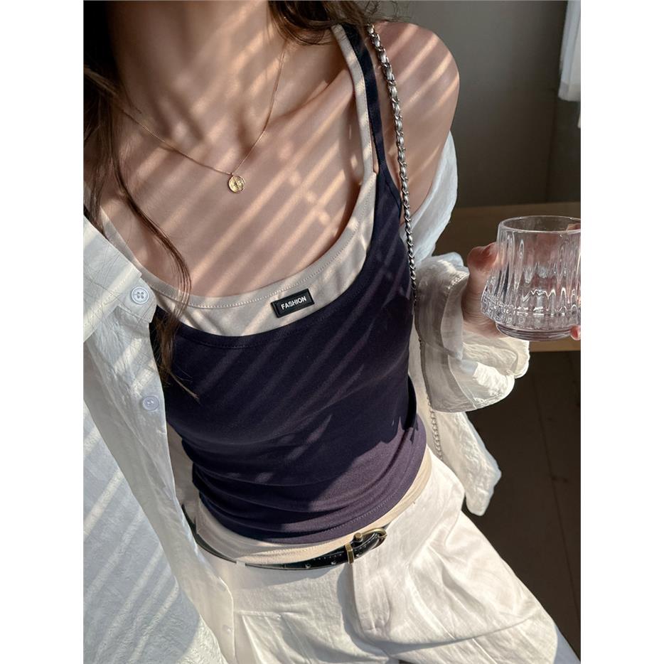 春夏季假两件双肩带打底性感小吊带背心女内搭简约风外穿显瘦上衣