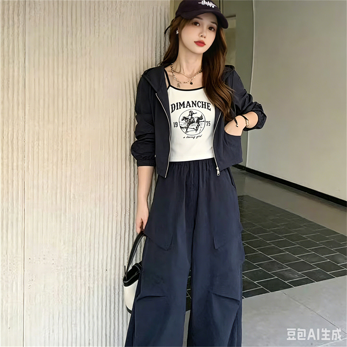 韩系休闲酷飒风三件套女春秋季薄款洋气减龄连帽短外套背心工装裤