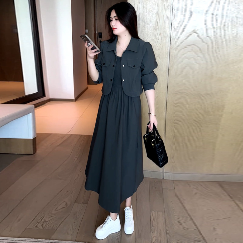 早初秋新款时尚套装裙女韩版时尚气质短外套吊带背心连衣裙两件套
