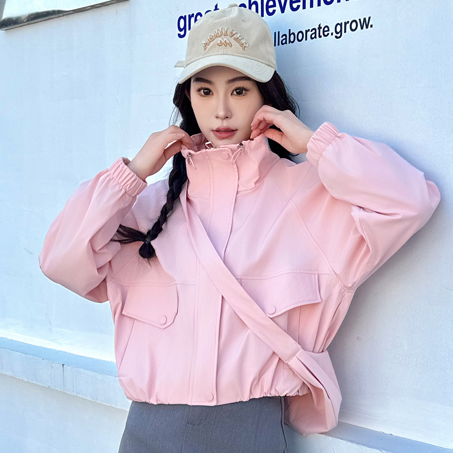 早初秋粉色棒球服女装韩版宽松休闲百搭洋气夹克上衣小个子短外套