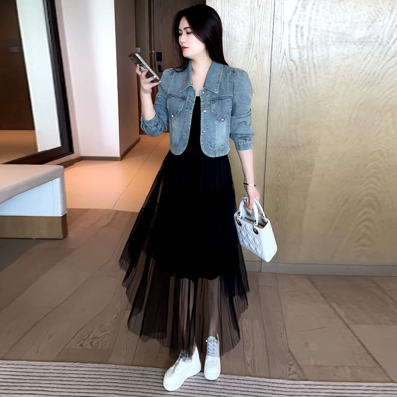 早初秋时尚套装裙女韩版时髦洋气牛仔短外套背心网纱连衣裙两件套