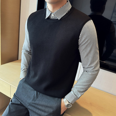 条纹衬衫领假两件毛衣男马甲针织衫高级感修身加厚加绒打底衫线衣