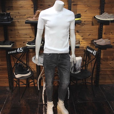 秋冬男天丝羊绒针织短袖领口立体打孔工艺轻奢简欧修身男毛衣T恤