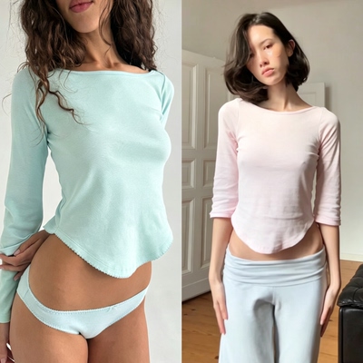 JHZ 淡人穿搭白女辣妹船领短款弧型纯色微喇中袖棉T恤海莉同款