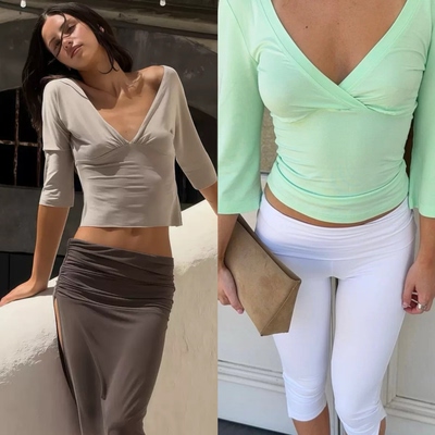 JHZ淡人辣妹Top紧身中袖上衣美高减龄复古y2k深V侧开叉半袖T恤