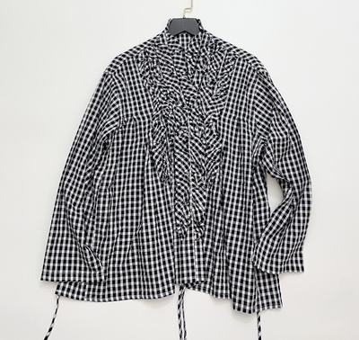 26春夏新款 日系小众格子全棉荷叶边V领系带长袖衬衫女