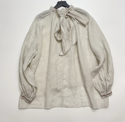 26早春新款 法式设计感重工特种刺绣亚麻条纹飘带领宽松衬衫女