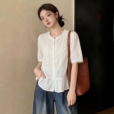 法式温柔风重工刺绣蕾丝花边短袖衬衫女夏季新显瘦百搭上衣A11813