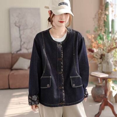 26年春款牛仔外套女上衣拼接格子新款外套上衣学院风圆领外套韩版