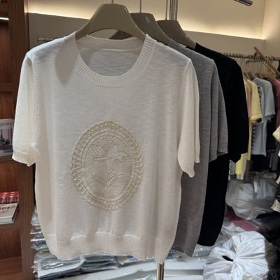 87276正品2026新款圆领短袖重工够花针织衫女夏季小个子显瘦上衣