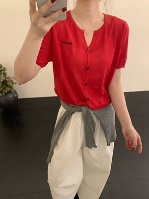 天丝亚麻99227春季韩版休闲宽松显瘦剪刀V领短袖针织衫女百搭毛衣