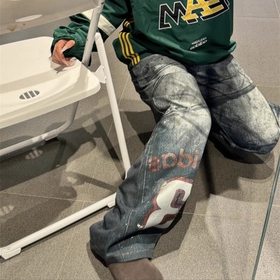 Adidas三叶草 男子运动休闲潮流宽松刺绣复古直筒牛仔长裤 KC2691