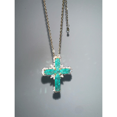 atmshop轻奢高级薄荷绿玻璃锆石满钻十字架长项链气质重工锁骨链