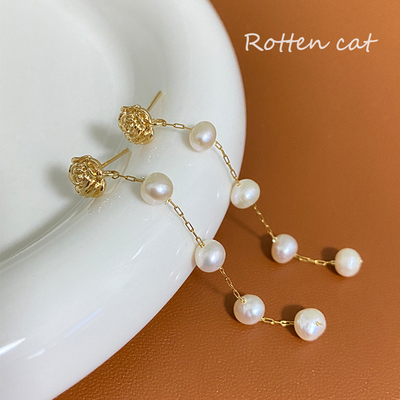 天然珍珠圆脸气质流苏耳环高级感