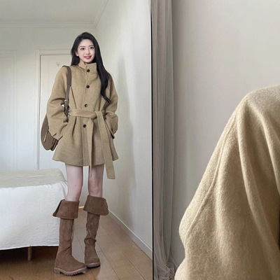韩版宽松立领双面呢大衣女2025秋冬新款卡其色系带毛呢大衣
