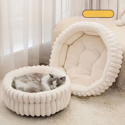 Round Plush Pet Bed for Cats & Rabbits, Thick Warming Donut