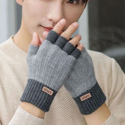 Men Winter Fingerless Half Finger Knitted Gloves Office Knit