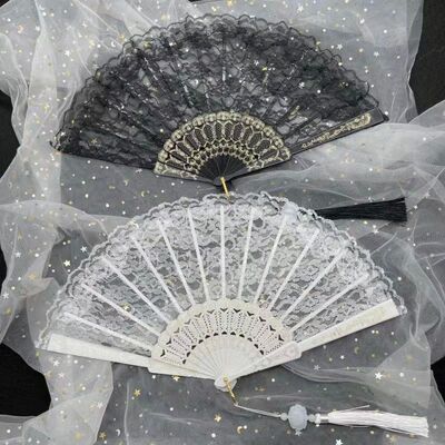 Lace Fabric Hand Fan Folding Fan Dance Shooting Props Black