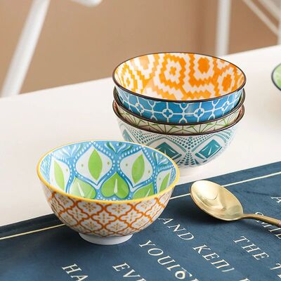 4Pcs Bohemian-style Noodle Bowl Household Rice Ceramic Bowl