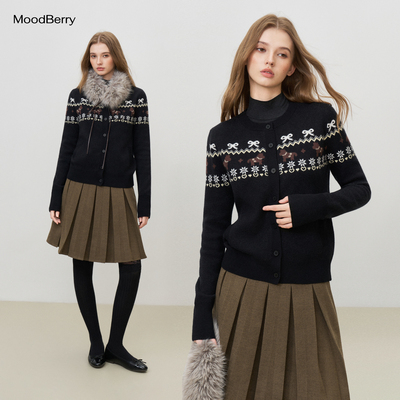 MoodBerry 美式复古费尔岛针织开衫女秋冬季正肩休闲百搭长袖上衣