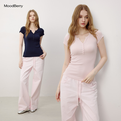 MoodBerry美式复古亨利领纯色正肩短袖女夏季修身显瘦百搭上衣T恤