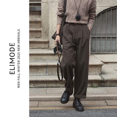 ELI【罗弗岛】老钱风肌理羊毛粗花呢加厚休闲西裤垂感直筒长裤冬