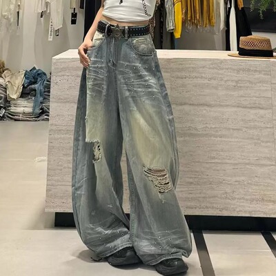 YUYU女装新款时尚洋气个性百搭破洞阔腿弯刀裤