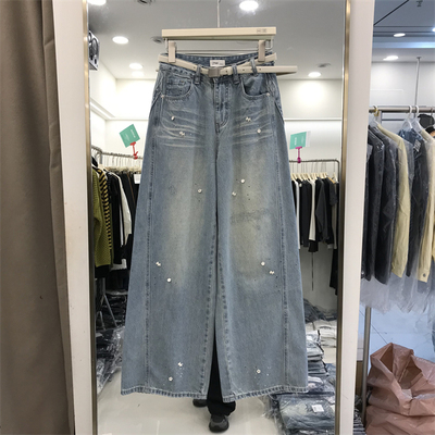 欧洲站阔腿牛仔裤女春季2026新款高腰镶钻复古直筒垂感拖地裤1815