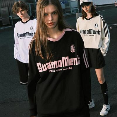 SUAMOMENT抓痕印花翻领长袖T恤