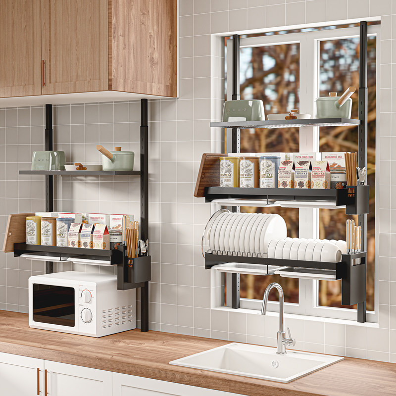新款顶天立地厨房置物架碗碟收纳架水槽上方沥水挂窗户窗台置物架_虎窝淘