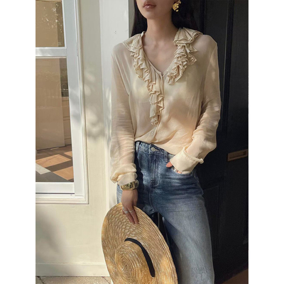 2026新款女装法式通勤风V领荷叶边衬衫女长袖宽松设计感遮肉上衣