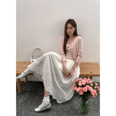 钩花镂空花边大裙摆中长裙半身裙