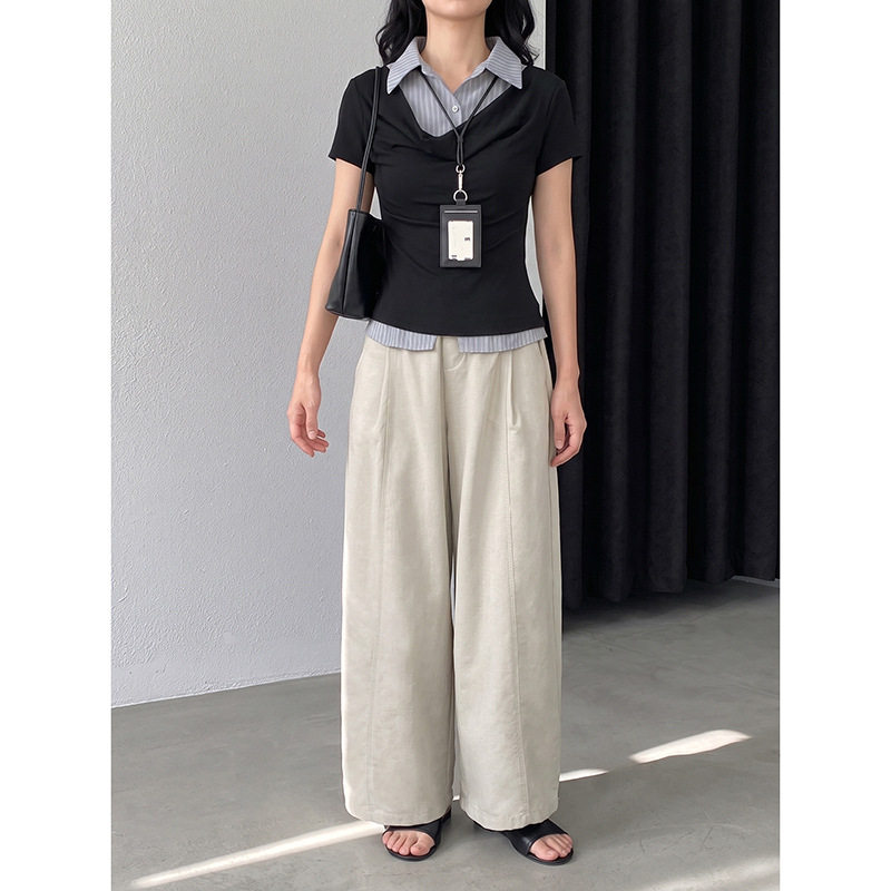 Tania 休闲简约配系带宽松九分裤女夏季韩版直筒显瘦裤子