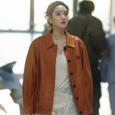 棕红色长袖开衫外套时尚酷飒皮衣