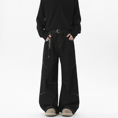 ZMOGEE潮牌牛仔裤男春秋复古美式铆钉设计感直筒宽松阔腿休闲长裤