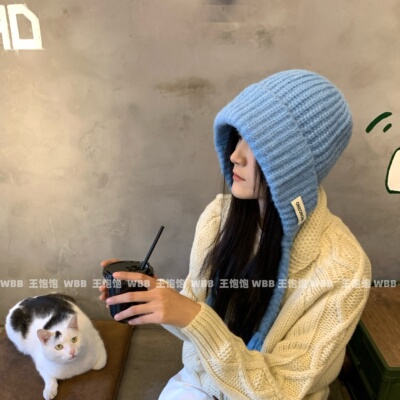 蓝色护耳巴拉克拉法帽子女针织帽