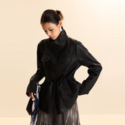 立领单排皮衣PU外套6724秋冬口袋