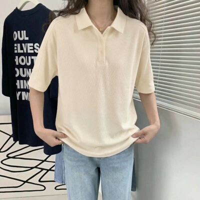 JTENGC~宽松型翻领POLO衫短袖休闲T恤情侣款纯色舒适百搭上衣