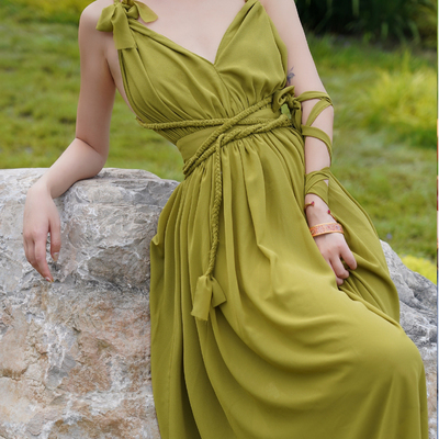 露背大裙摆法式雪纺纯色