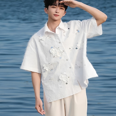 黄子弘同款春夏蕾丝亮片花卉衬衫