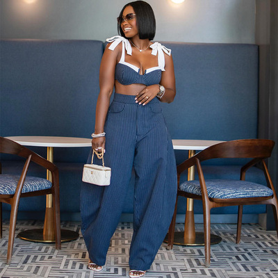 Women's 2026 Sexy Splicing Shoulder Strap Wide Leg Pants Set