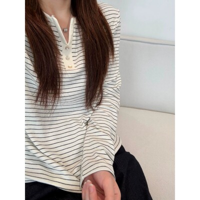 胖mm特大码300斤韩版慵懒风条纹长袖T恤女春秋简约休闲打底衫上衣